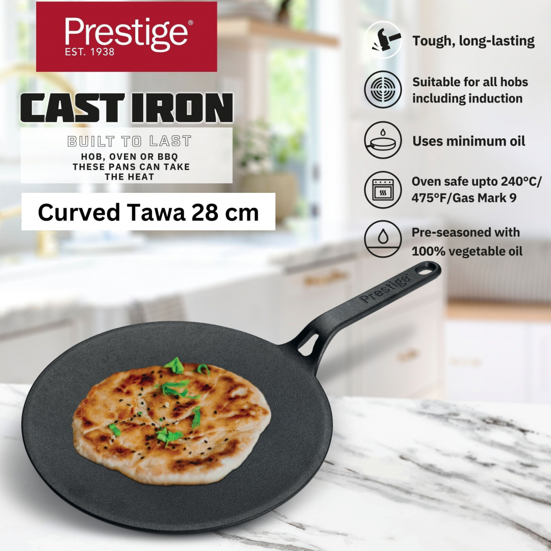 Prestige PR48884 Cast Iron Curved Tawa 28 cm for Roti Chapati Dosa with Stick Handle Pre Seasoned