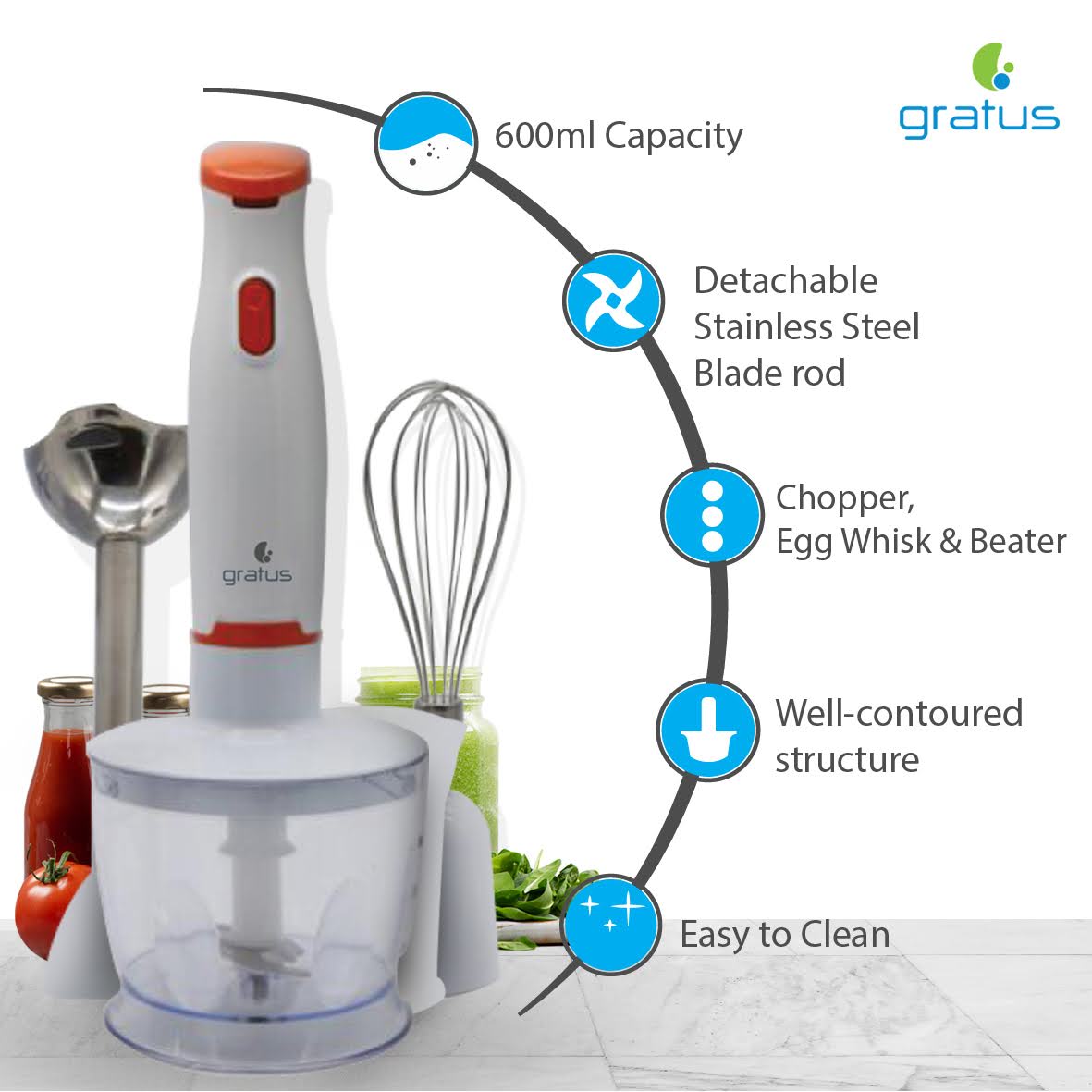 Gratus 400W 4 in 1 Hand Blender with Chopper Egg Whisk Beater Model GHB400UC